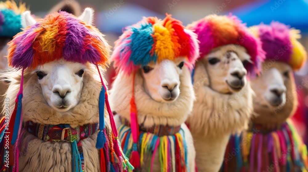 Lively Andean cultural festival featuring colorful traditional clothing headdresses and alpacas ...