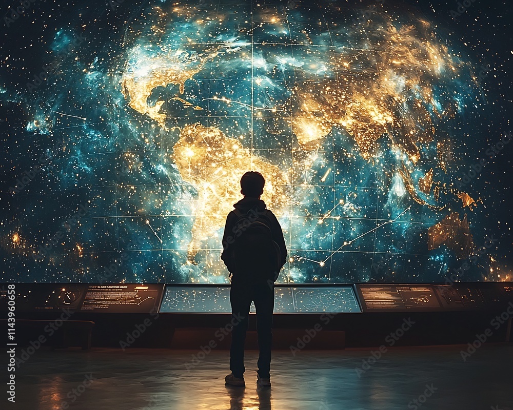 Silhouetted Student Gazes in Awe at Planetarium s Cosmic Star Map ...