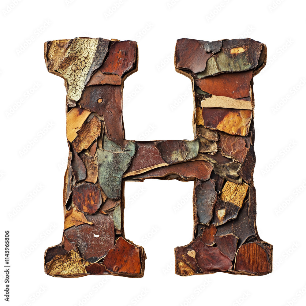Artistic letter H crafted from textured materials displayed on a ...