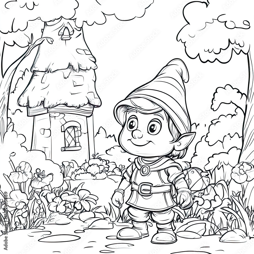 Simple Elf in Garden Coloring Page for Kids: Fun, Easy, Printable ...