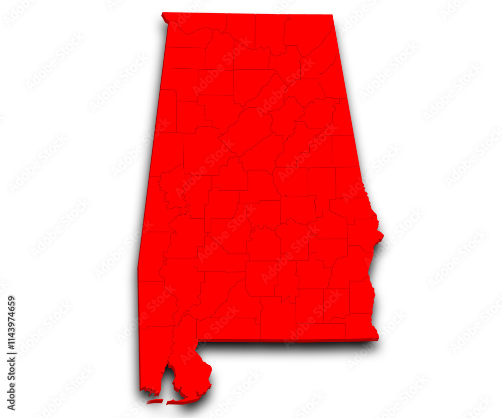 3d Alabama Map state with counties and color. AL map, outline and blank ...