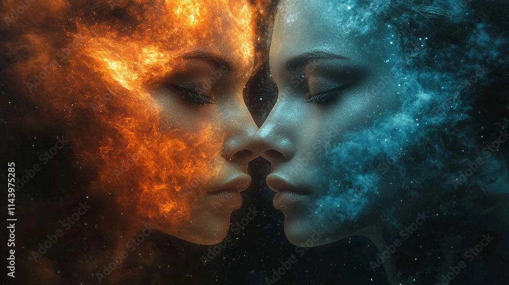 Two faces connect through a mystical cosmic energy, symbolizing unity ...