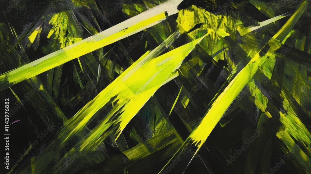 Dynamic streaks of vibrant lime and jade green slash through a dark ...