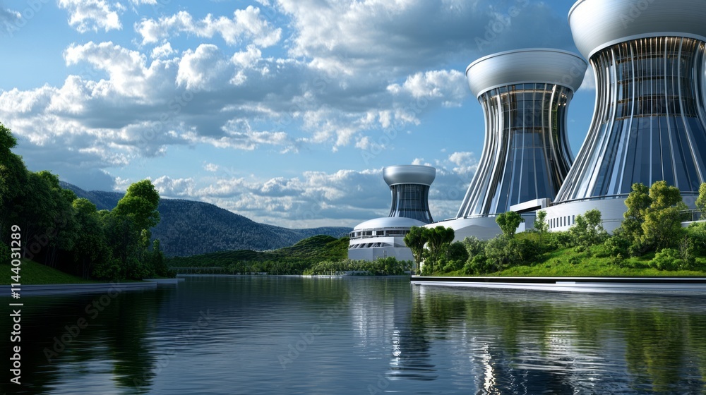 Futuristic nuclear plant with cooling towers of a nuclear power plant ...