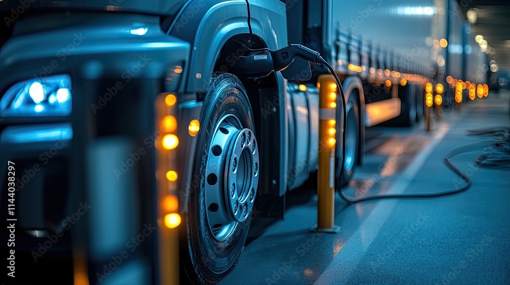 Electric trucks being charged logistics hub reducing emissions operational costs demonstrating ...