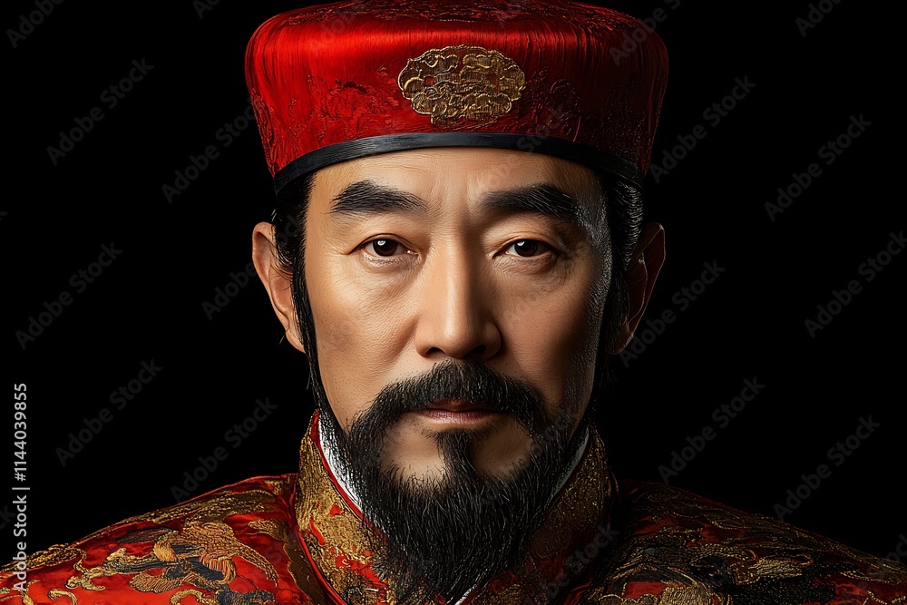 Portrait of a majestic Asian emperor in traditional royal attire, a ...