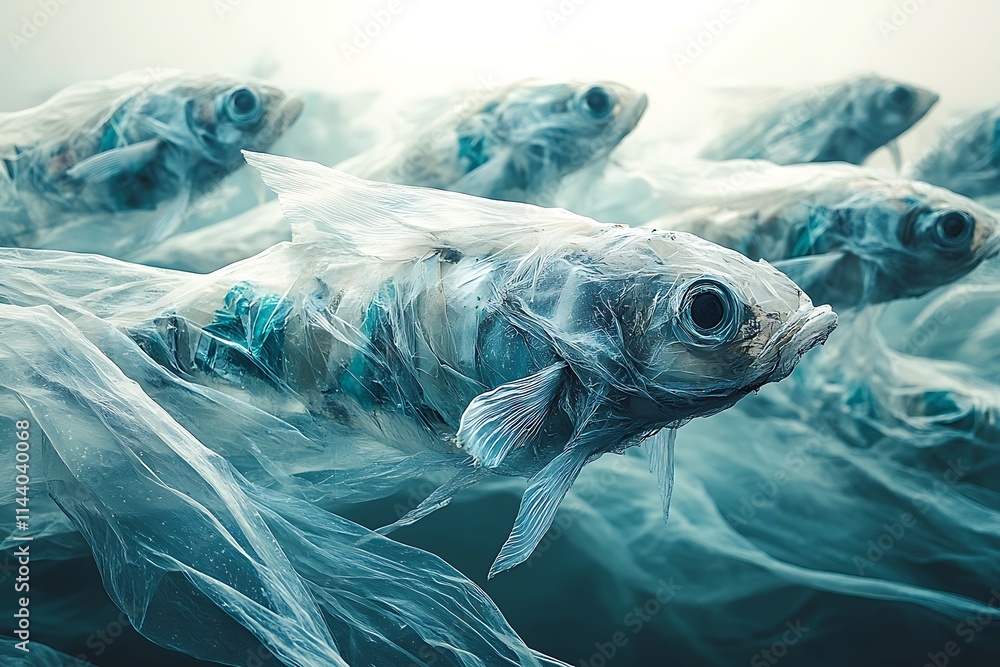A school of fish trapped in plastic bags, highlighting the devastating ...