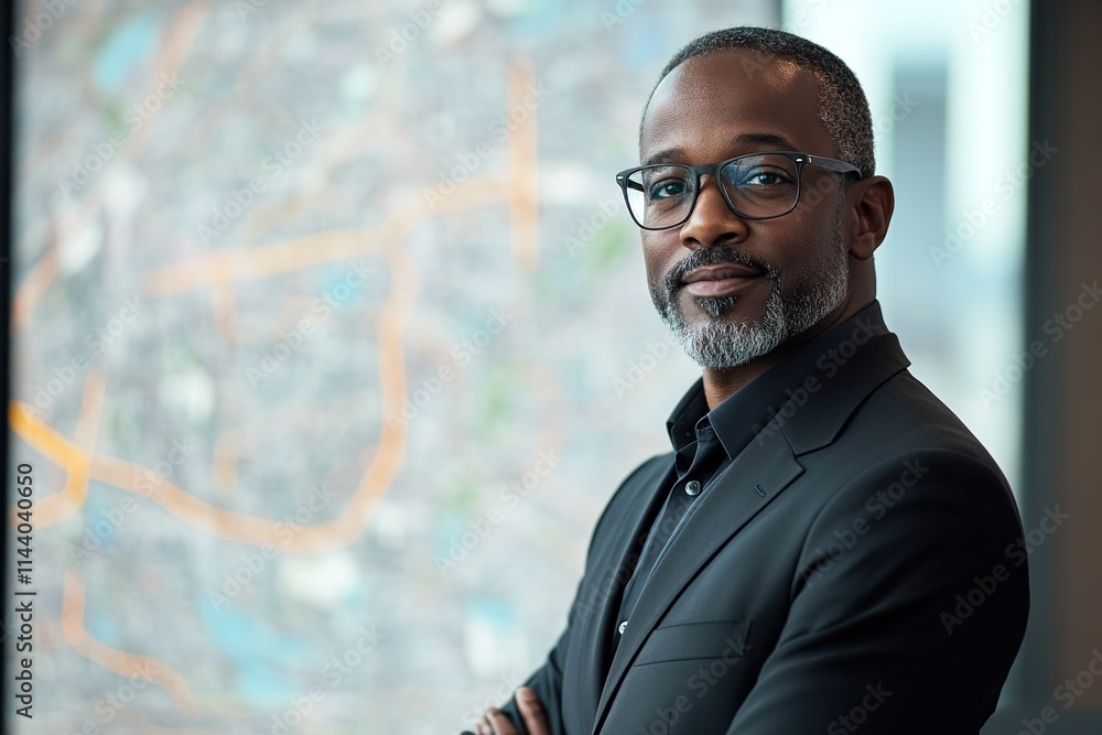 confident 48-year-old black logistics director wearing dark suit and ...