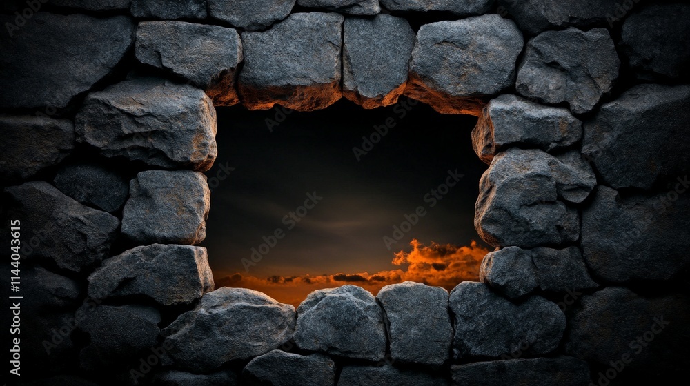 Stone Wall Hole with Fiery Sky: A mysterious hole in an ancient stone ...
