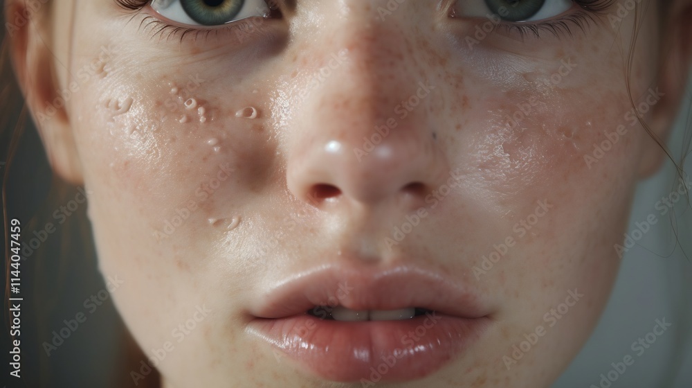 Detailed close up facial shot showcasing the visible signs of acne ...