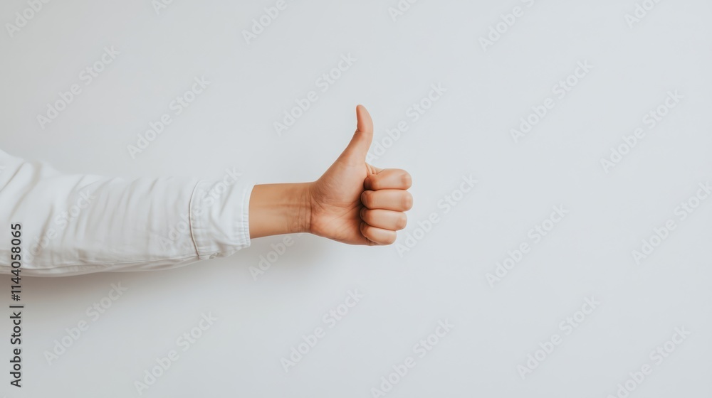 Positive gesture of hand showing thumbs up symbol on plain white ...