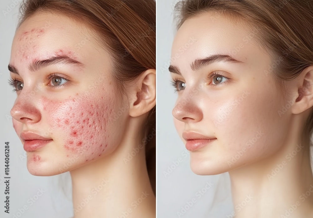 Before and after photo of a woman with pimples on her face. In the ...