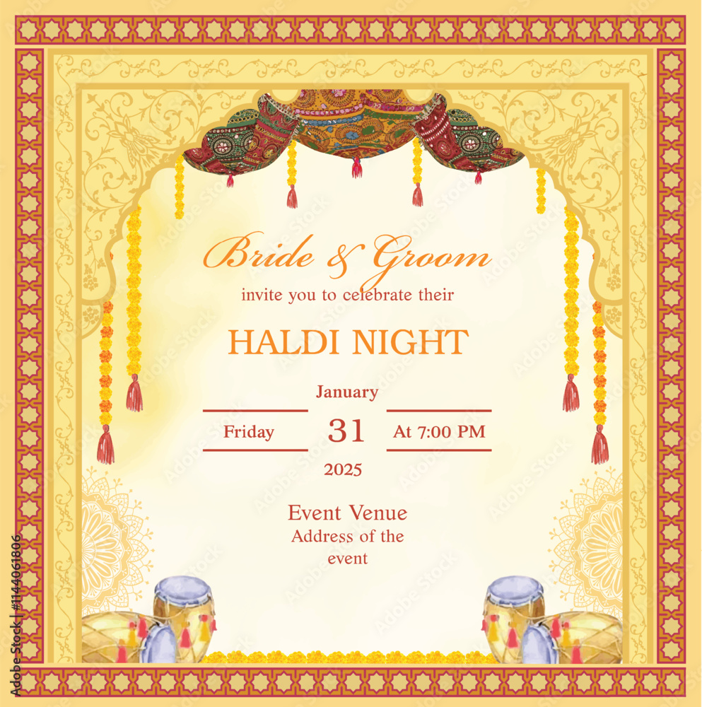 Mughal arch Indian haldi night invitation card. Holud invitation card ...