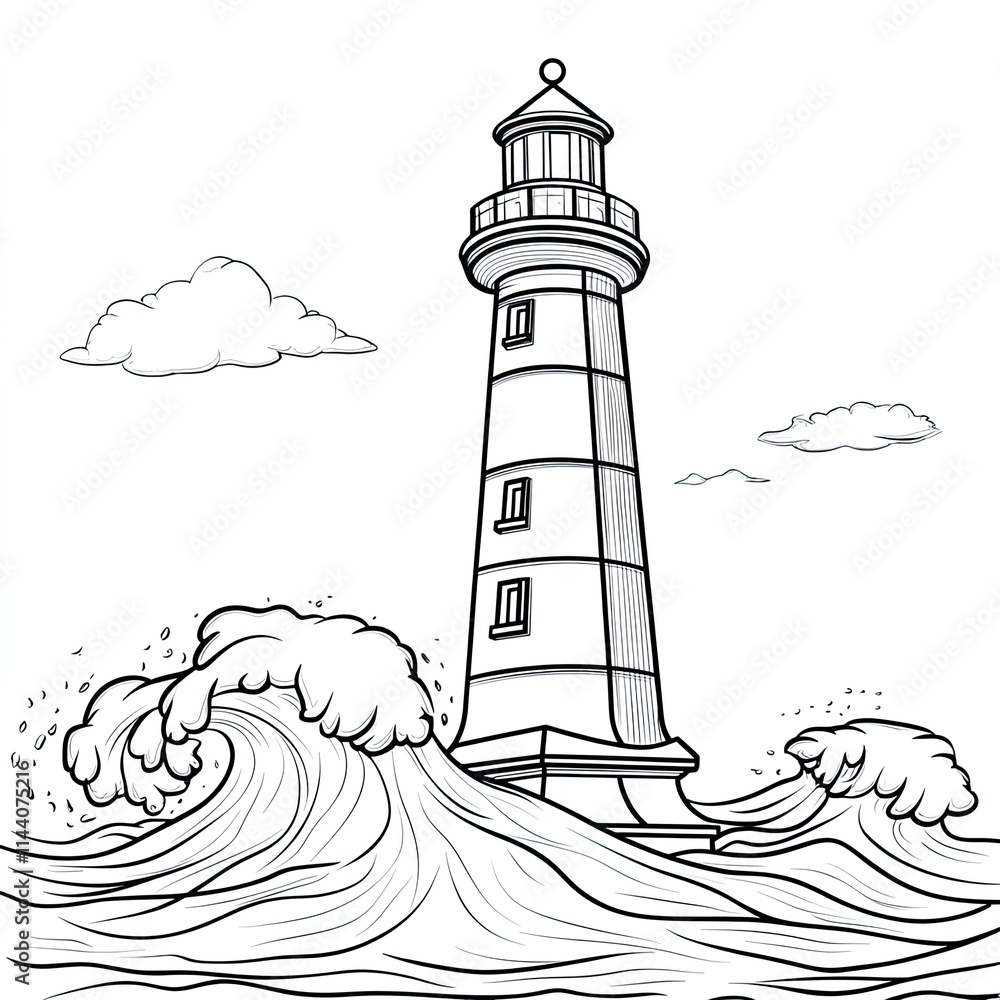 Simple Lighthouse Coloring Page for Kids: Ocean Waves Illustration ...