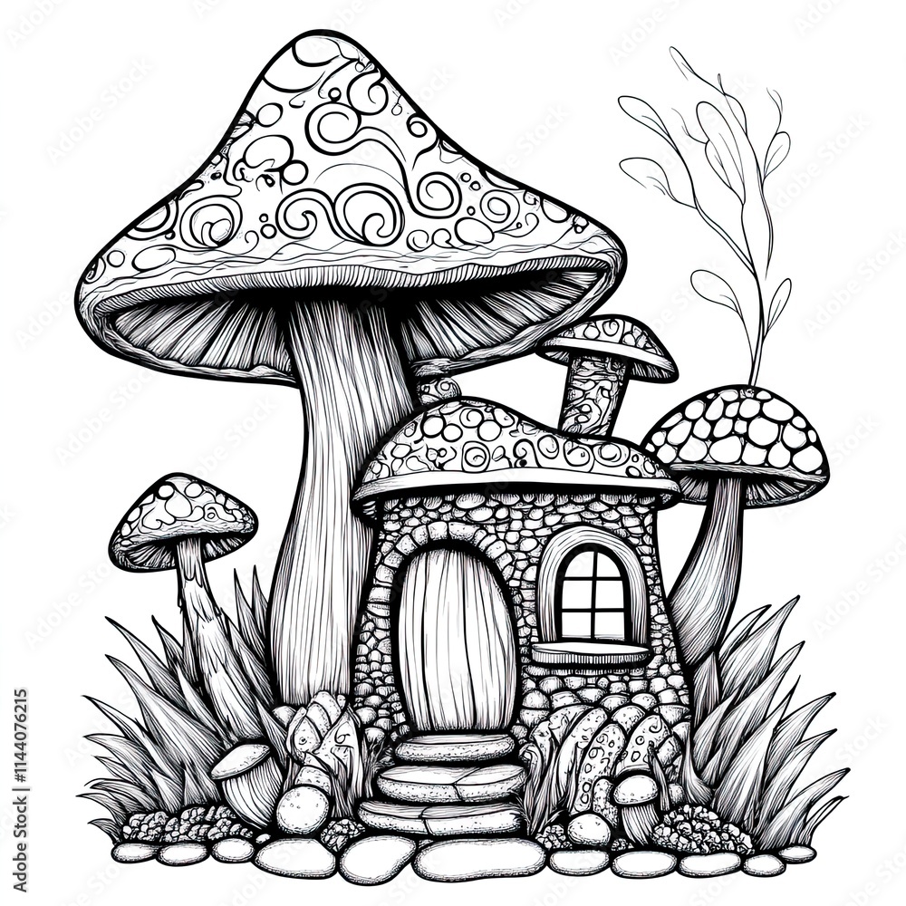Simple Zentangle Mushroom House Coloring Page for Kids' Books and ...