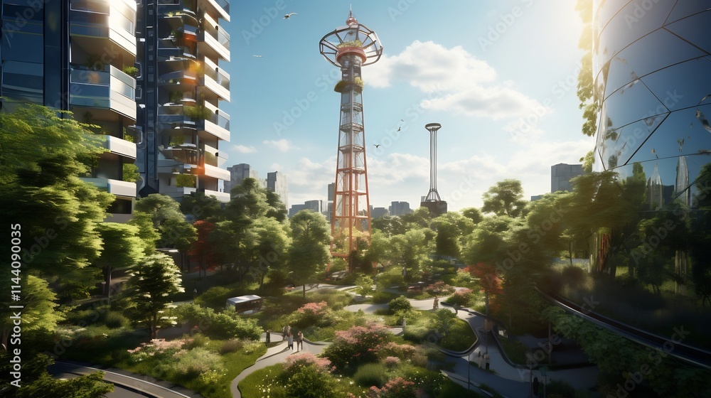Sleek 5G Cellular Tower Harmoniously Integrated Into Lush Green Urban ...