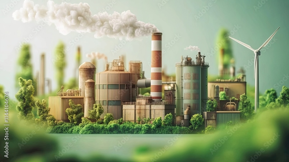 Industrial factory smoking chimney wind turbine juxtaposing traditional ...