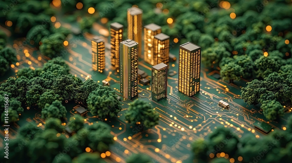 Lighted electrical circuit board showing trees cities symbolizing ...