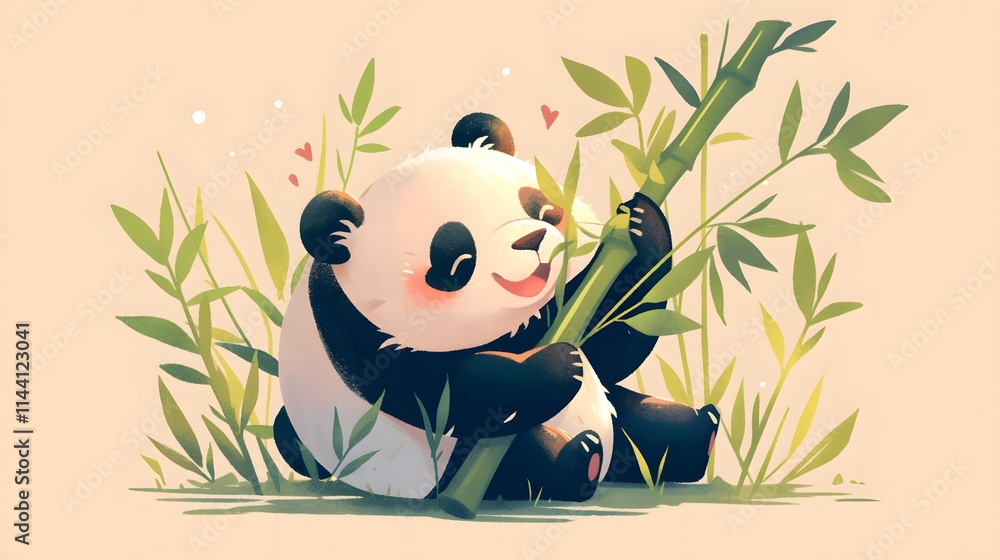 Adorable panda character illustrated in a playful 2D style, eating ...