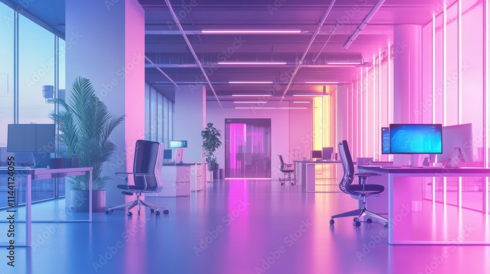 Contemporary open office space with glowing digital screens and vibrant ...
