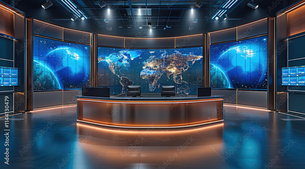 A professional and modern TV news studio designed for virtual backgrounds. features a sleek ...