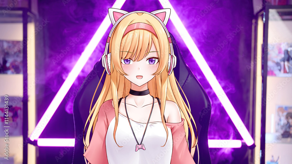 Cute 2D anime girl vtuber on gaming chair interact with viewers from ...