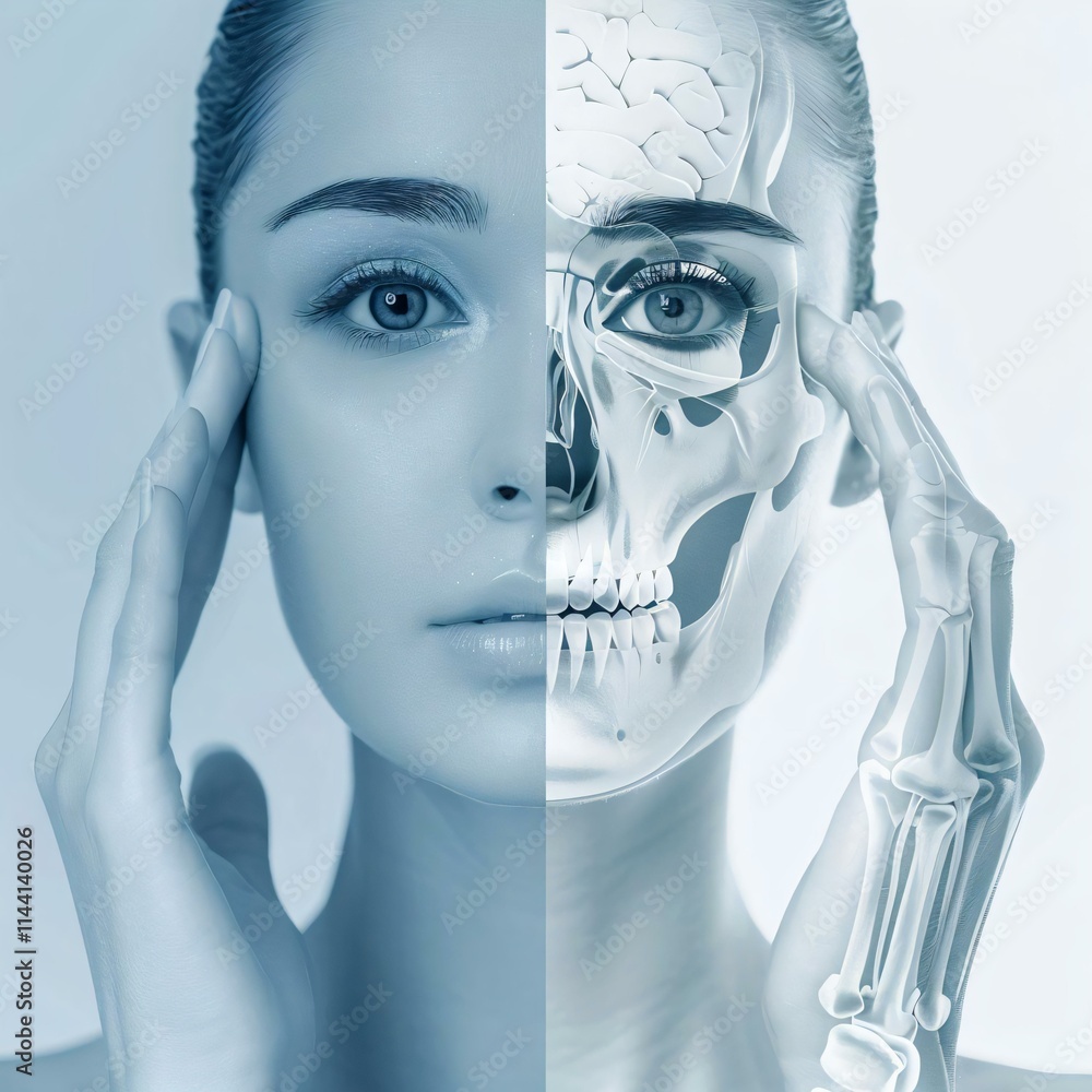 Womans face is split two left half realistic portrait right half an ...