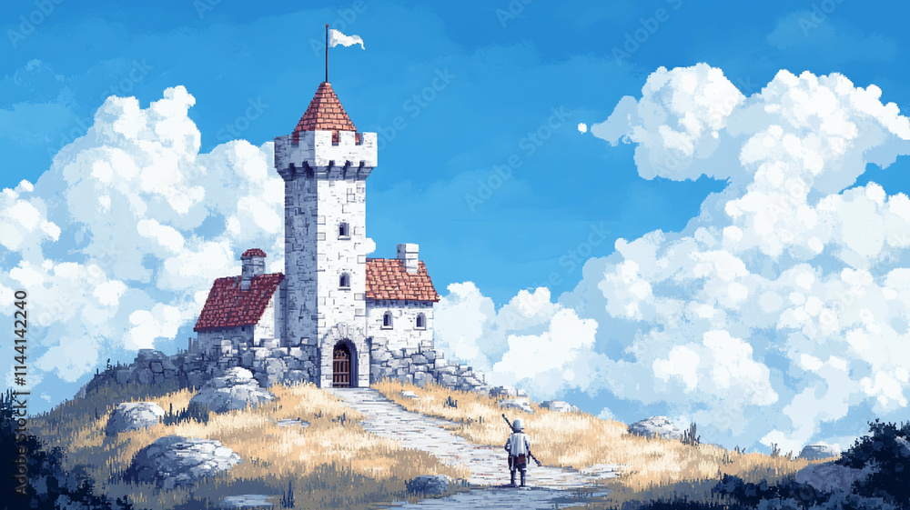 8-bit pixel art medieval castle landscape, rolling hills, stone walls ...