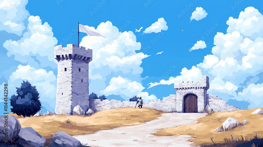 Stock-Illustration „8-bit pixel art medieval castle landscape, rolling ...