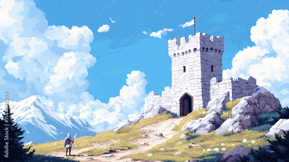 8-bit pixel art medieval castle landscape, rolling hills, stone walls ...