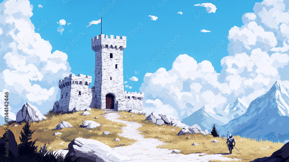 Ilustración de Stock 8-bit pixel art medieval castle landscape, rolling ...