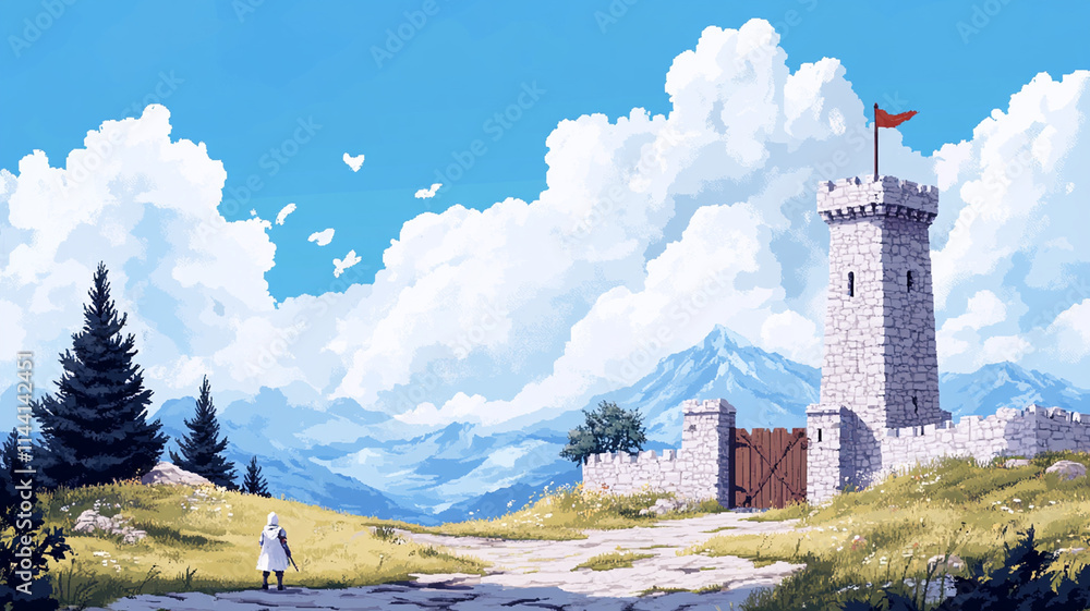 Ilustración de Stock 8-bit pixel art medieval castle landscape, rolling ...