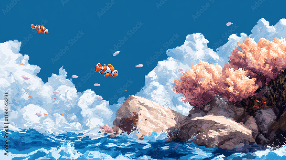 Stock-Illustration „8-bit pixel art underwater scene, coral reefs ...
