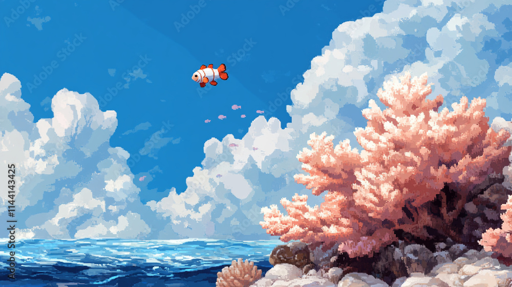 8-bit pixel art underwater scene, coral reefs, schools of fish swimming ...