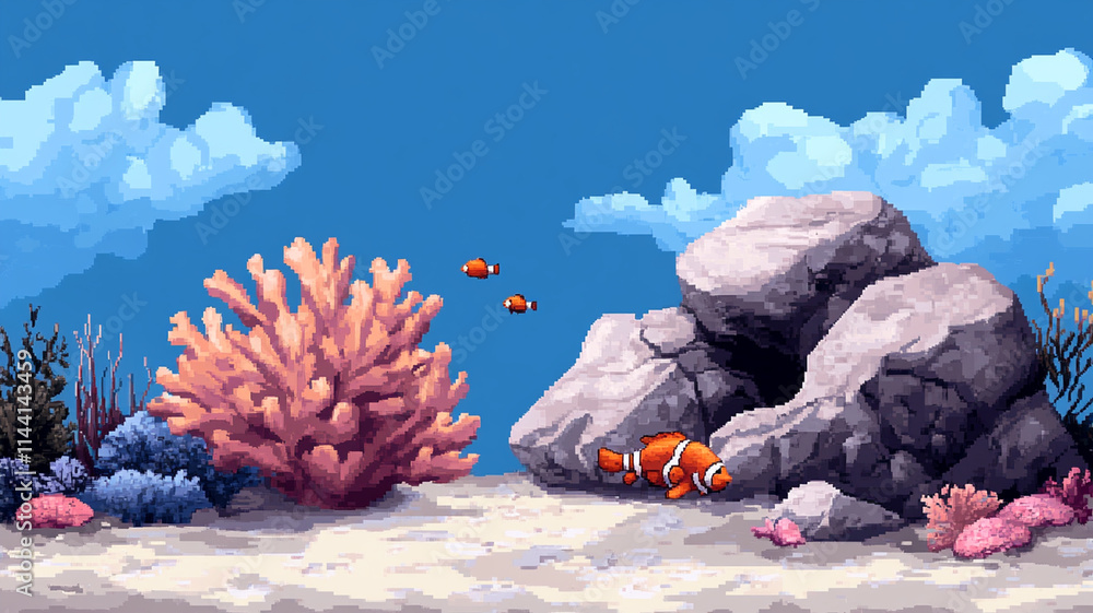 8-bit pixel art underwater scene, coral reefs, schools of fish swimming ...