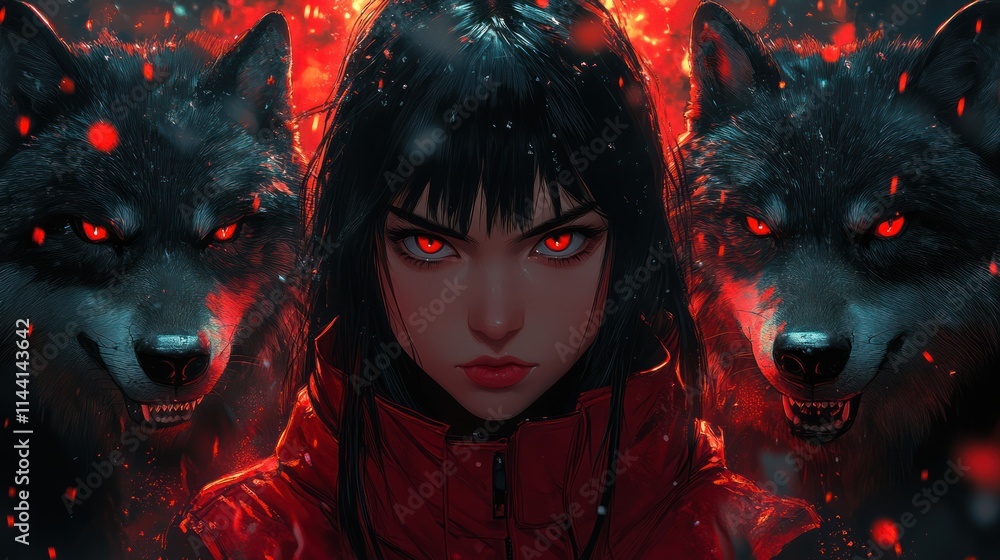Anime girl with red eyes flanked by two wolves in fiery background ...