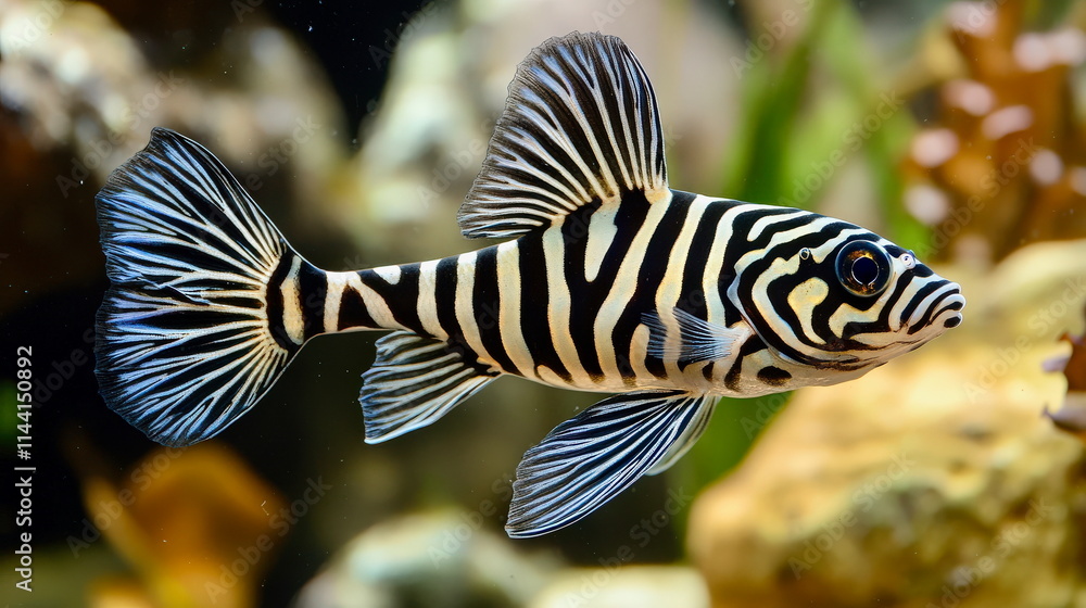 A vibrant zebra pleco fish with intricate black-and-white striped ...