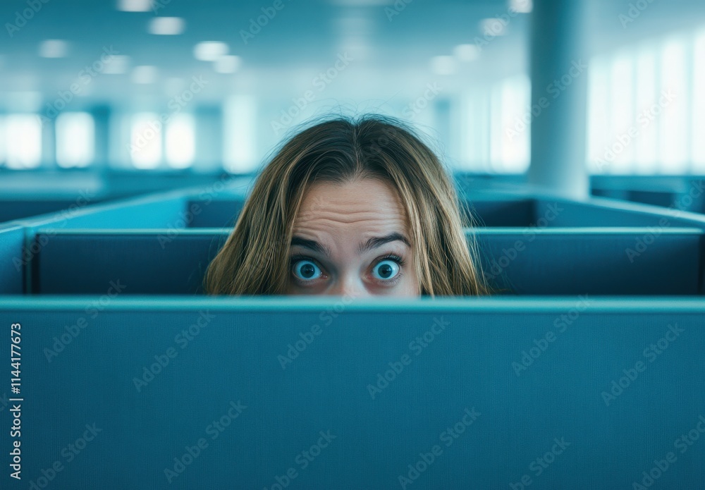 Office Worker Peeking over Cubicle Wall with Wide-Eyed Expression in ...