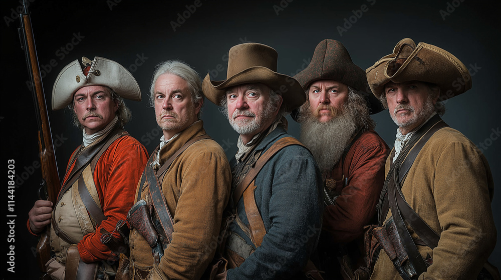 Five historical men in vintage costumes posing seriously against dark ...