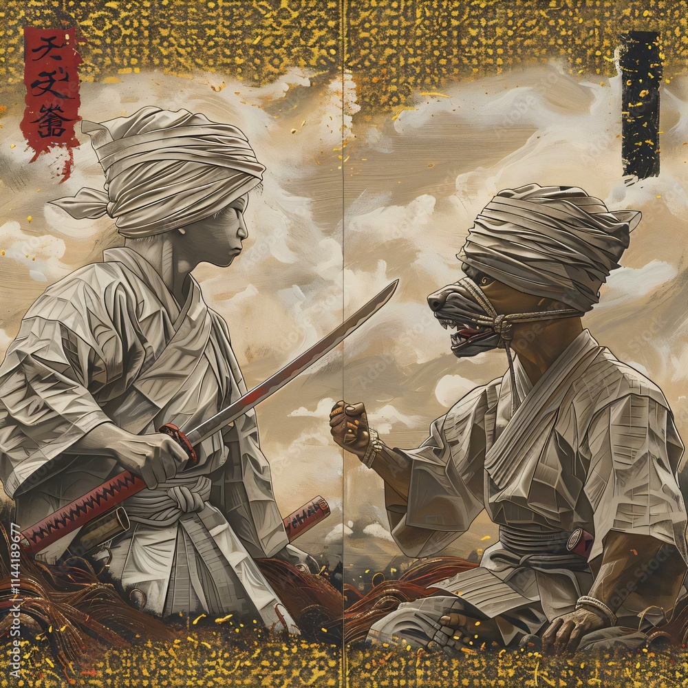 Ilustración de Stock Samurai dog both dressed traditional Japanese ...