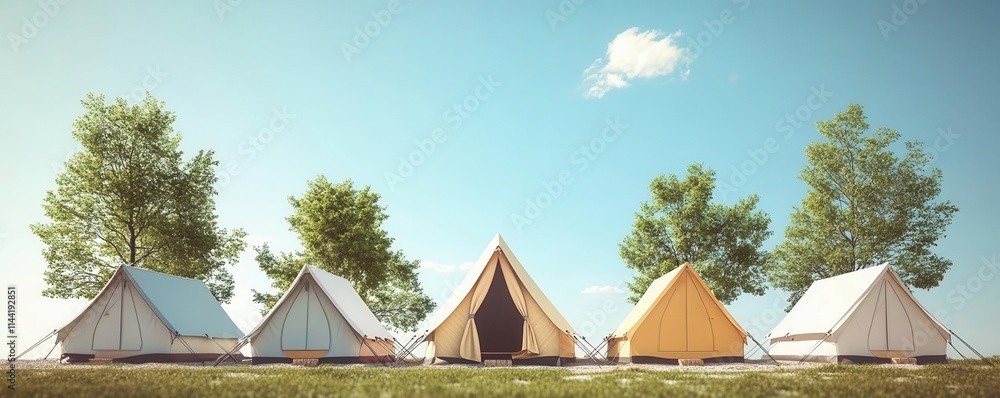 camping site flat design front view group adventure theme animation ...