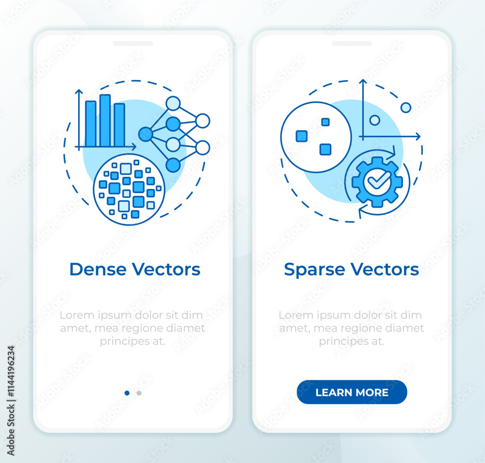 Dense vs sparse vectors blue onboarding mobile app screen. Walkthrough ...