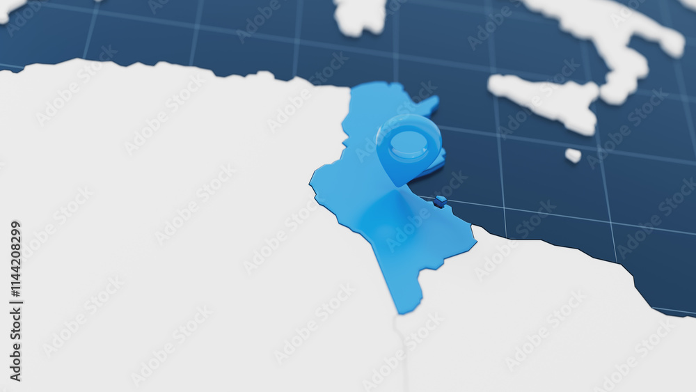 Blue Tunisia 3d map with pointer pin surrounded with other countries in ...