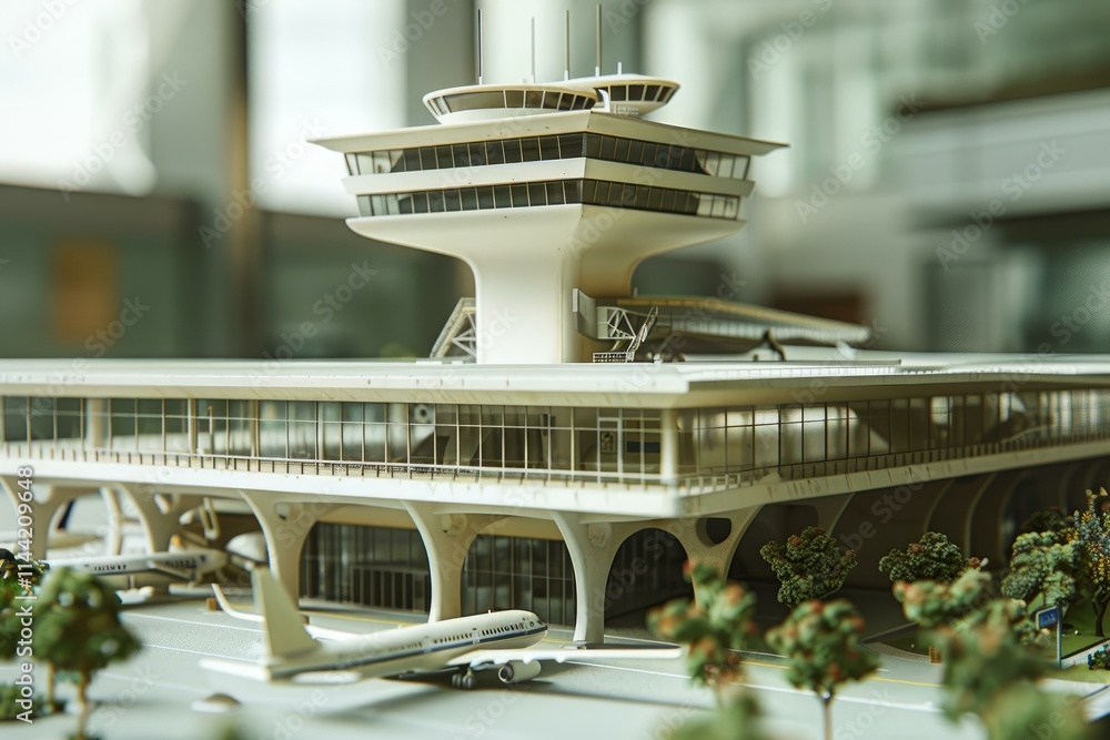 Detailed architectural model of a busy airport terminal with airplanes taking off and landing ...