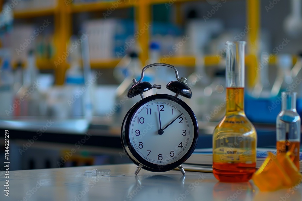Alarm clock is ticking in a science laboratory, showing the importance ...
