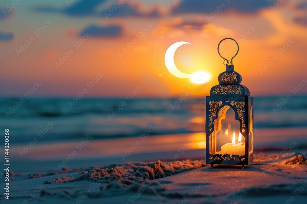 Islamic lantern candle on beach at sunset with crescent moon. Ramadan ...