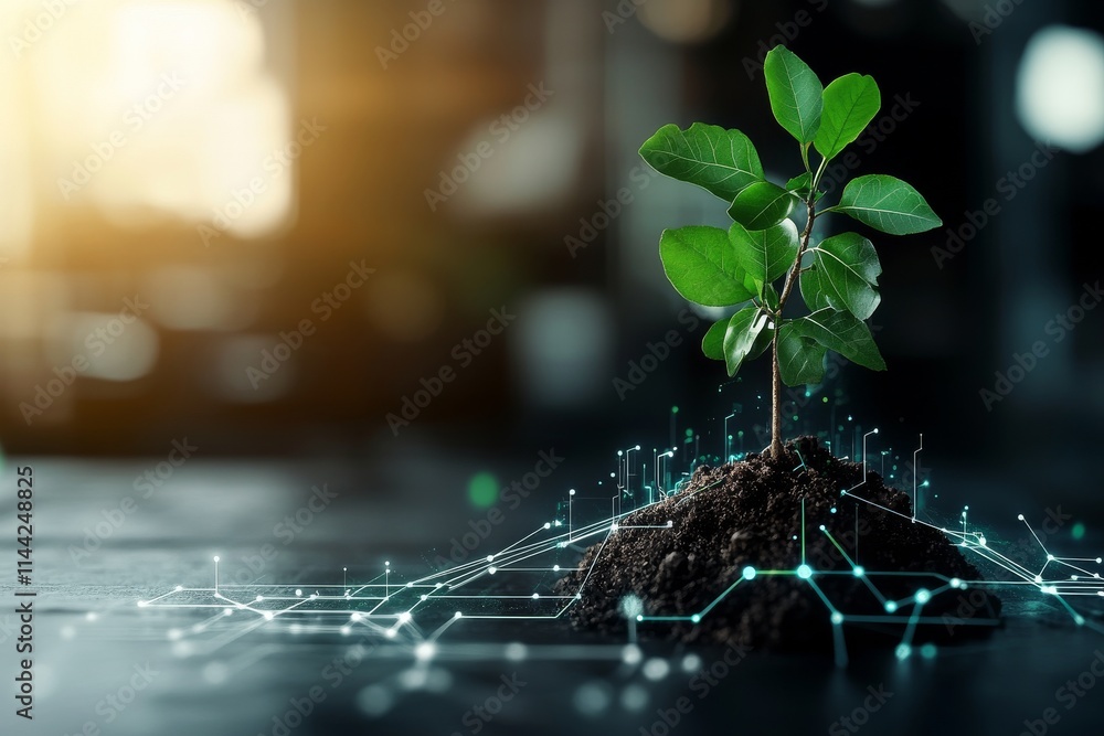 New plant growth emerging from soil with digital network overlay in a ...