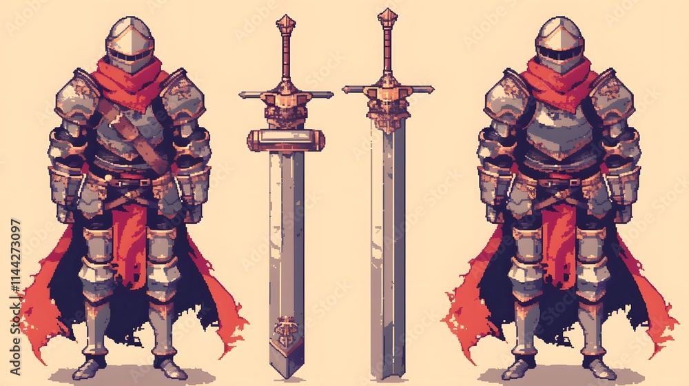 Pixel art knight character, a retro-styled hero for RPG games, in full ...