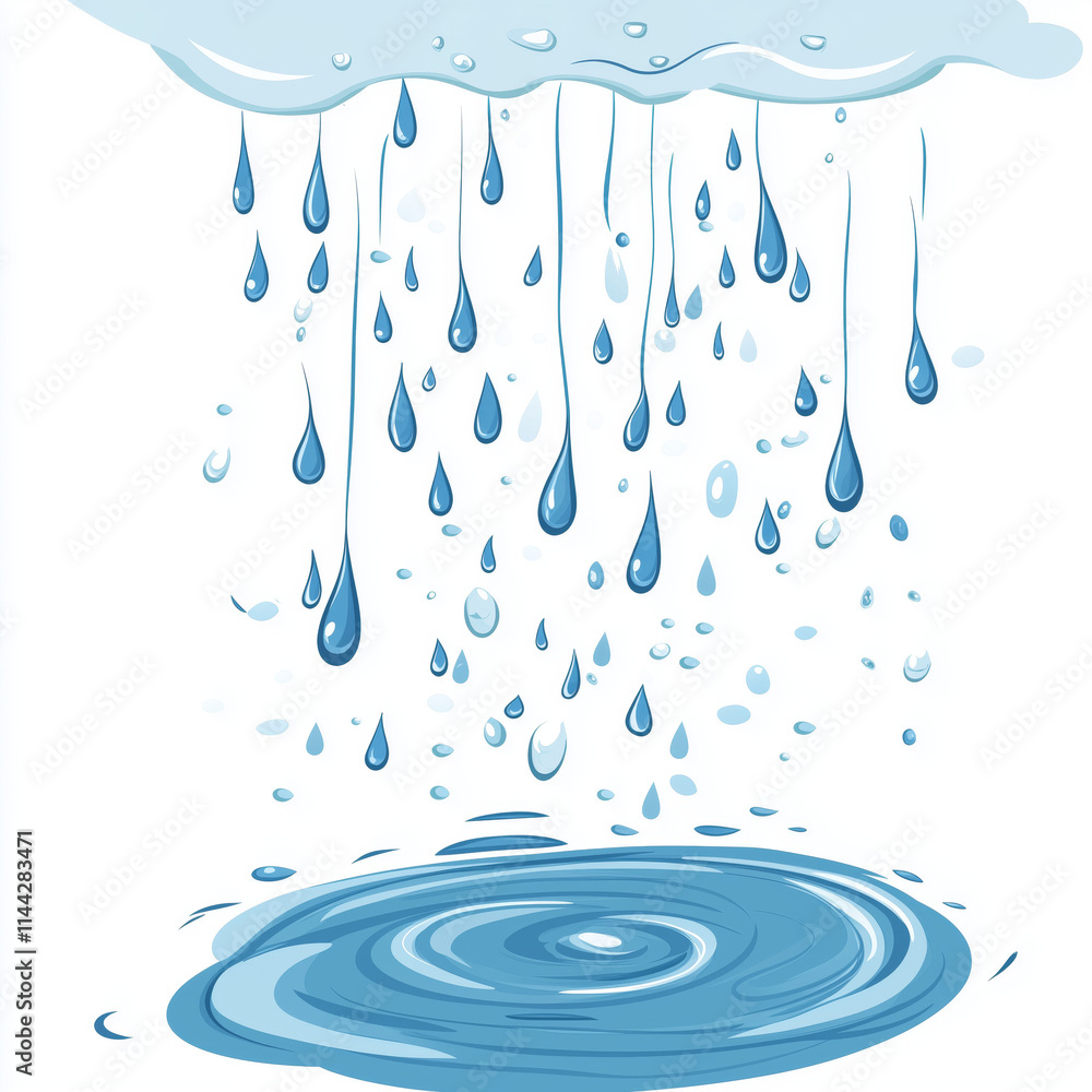 Clear blue raindrops fall from a simple gray cloud, representing a calm ...