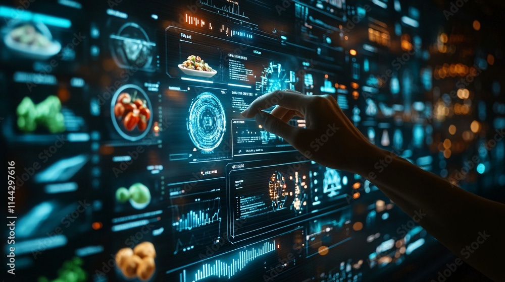 A glowing digital interface displaying futuristic food data and ...